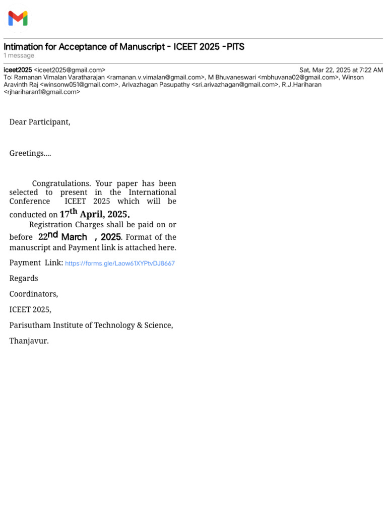 Gmail - Intimation For Acceptance of Manuscript - ICEET 2025 - PITS | PDF | Computer Mediated ...