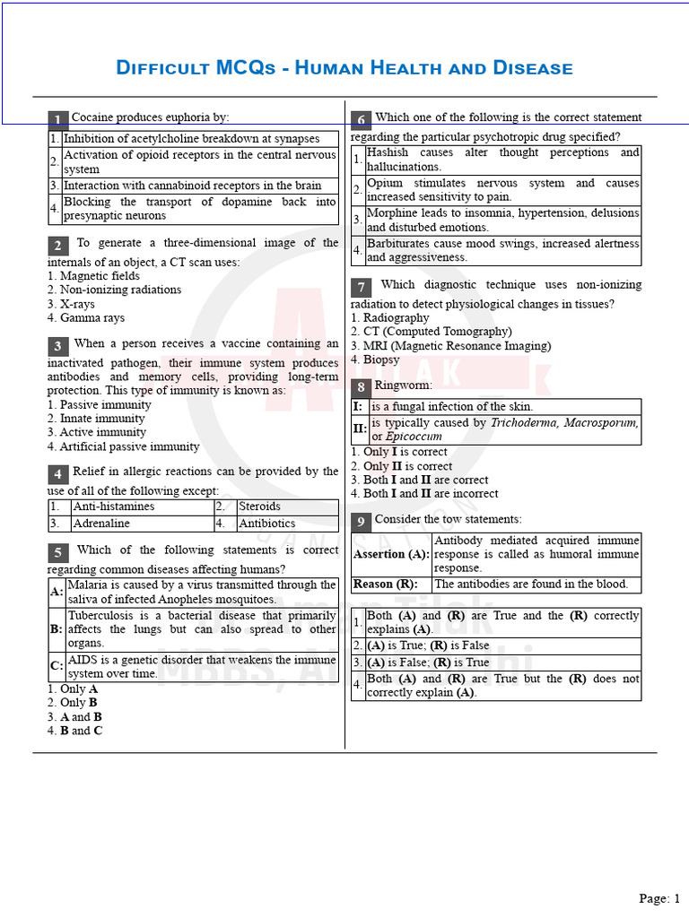 Difficult MCQs - Human Health and Disease | PDF | Immune System | Lymphocyte