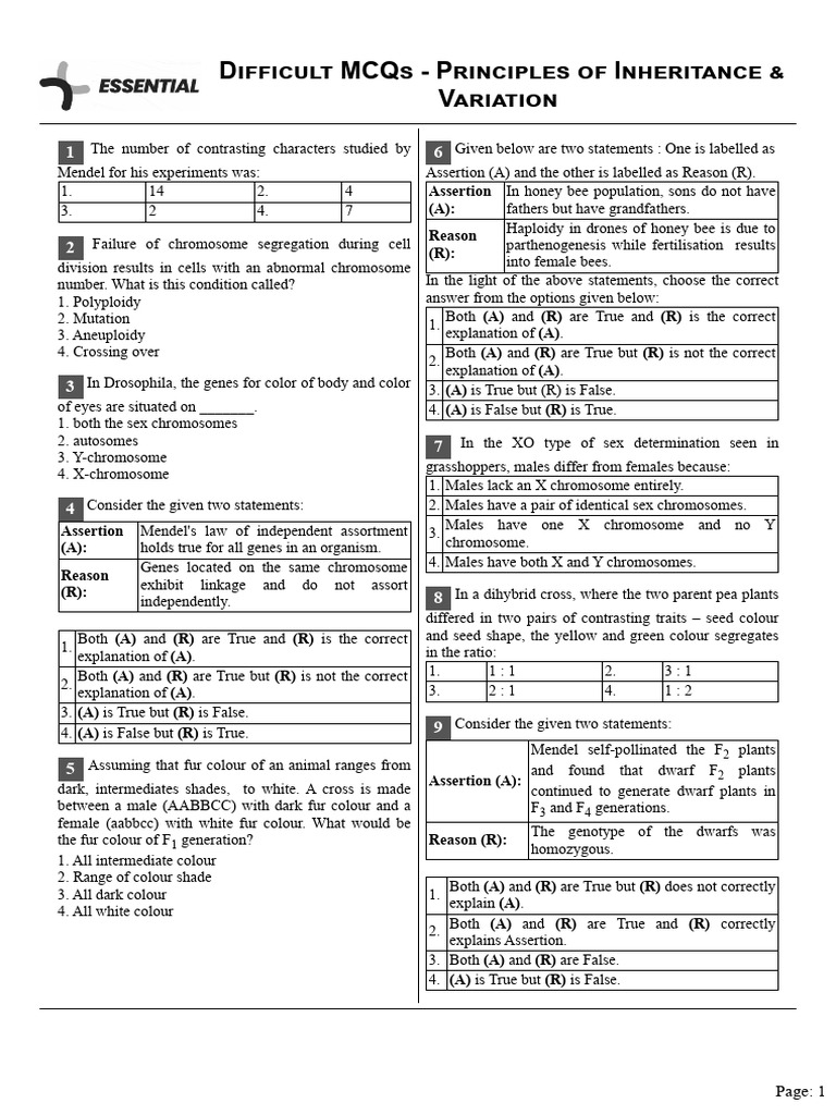 23 Difficult MCQs Principles of Inheritance & Variation | PDF | Biology ...