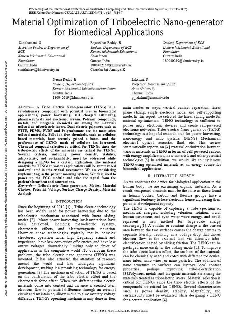 Material Optimization of Triboelectric Nano-Generator For Biomedical ...