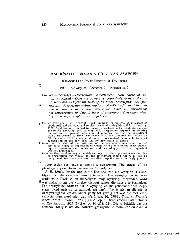 Macdonald v. Van Aswegen Case Summary | PDF | Cause Of Action | Jargon