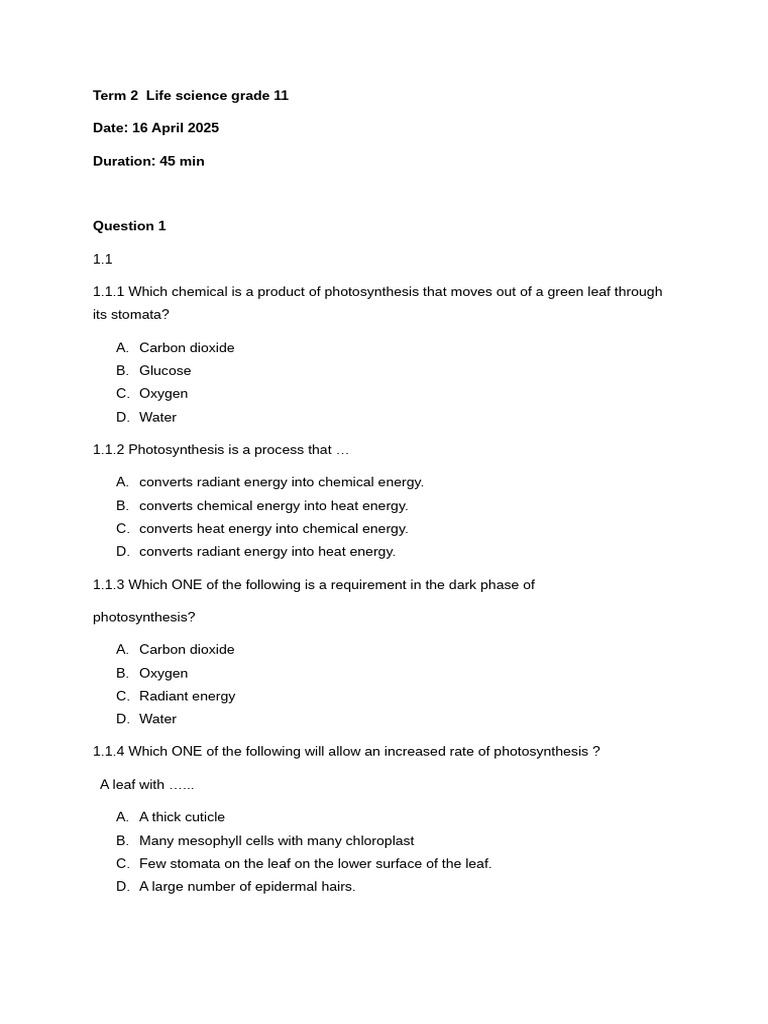 Life science Grade 11 Test Term 2 | PDF | Photosynthesis | Leaf