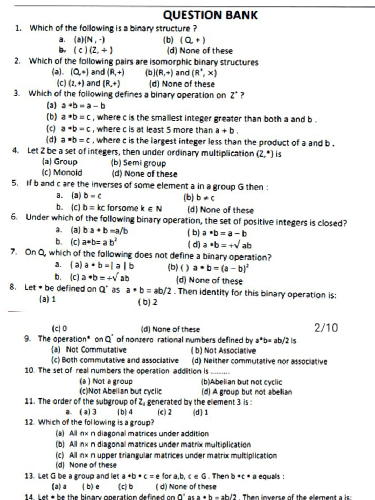 Algebra Unit-1 Minor 150 Mcqs | PDF | Group (Mathematics) | Ring (Mathematics)