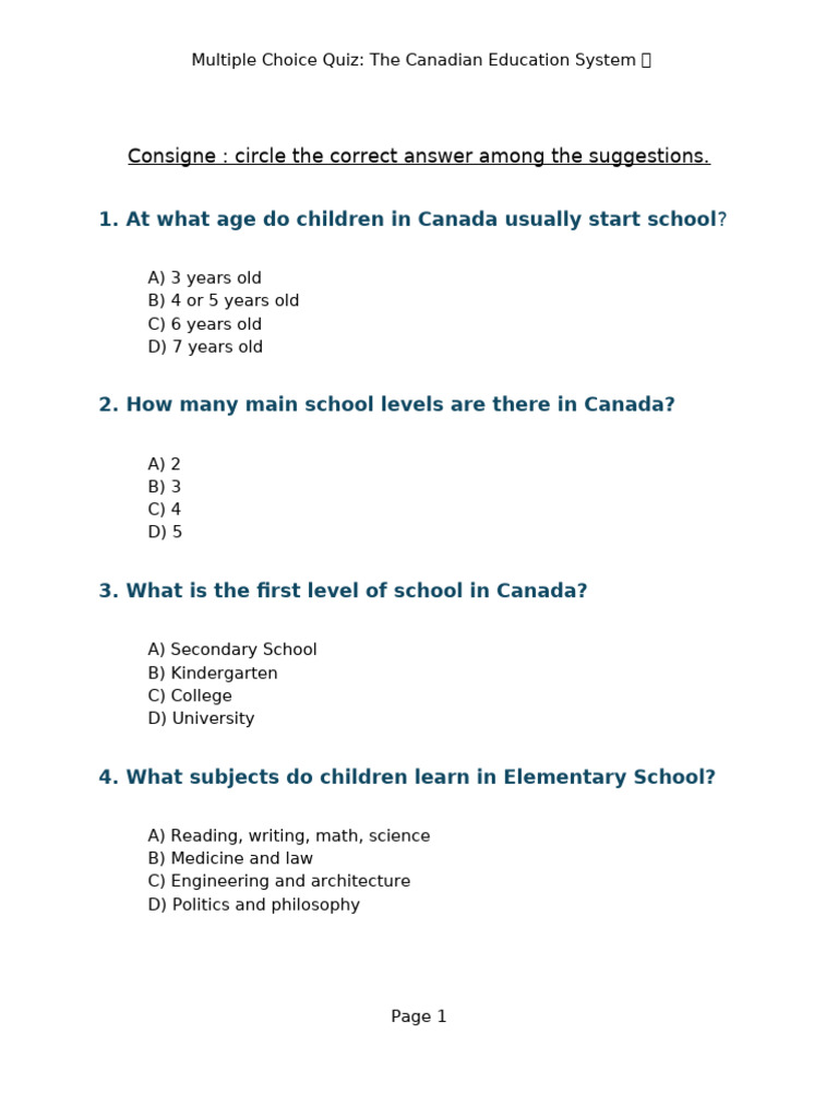 Canadian Education System Quiz | PDF | Schools | College