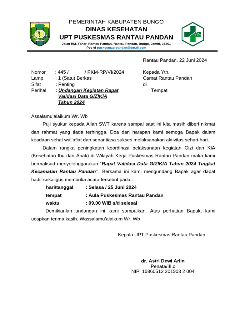 Undangan Rapat Validasi Gizi Kia | PDF