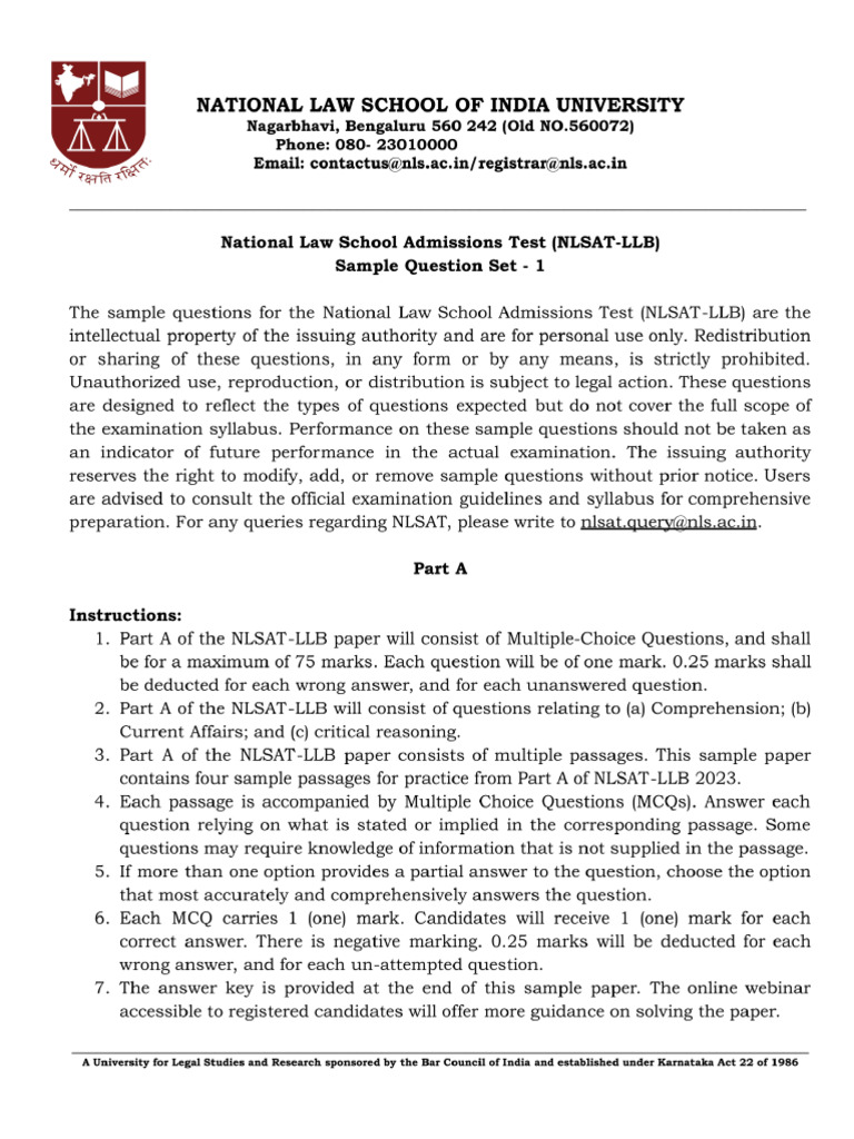 NLSAT LLB - Sample Question Set - 1. | PDF