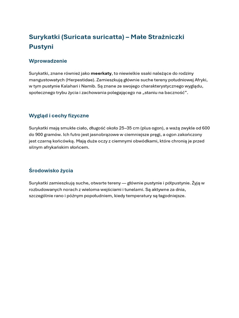 Surykatki (Suricata Suricatta) Pustyni: - Małe Strażniczki | PDF