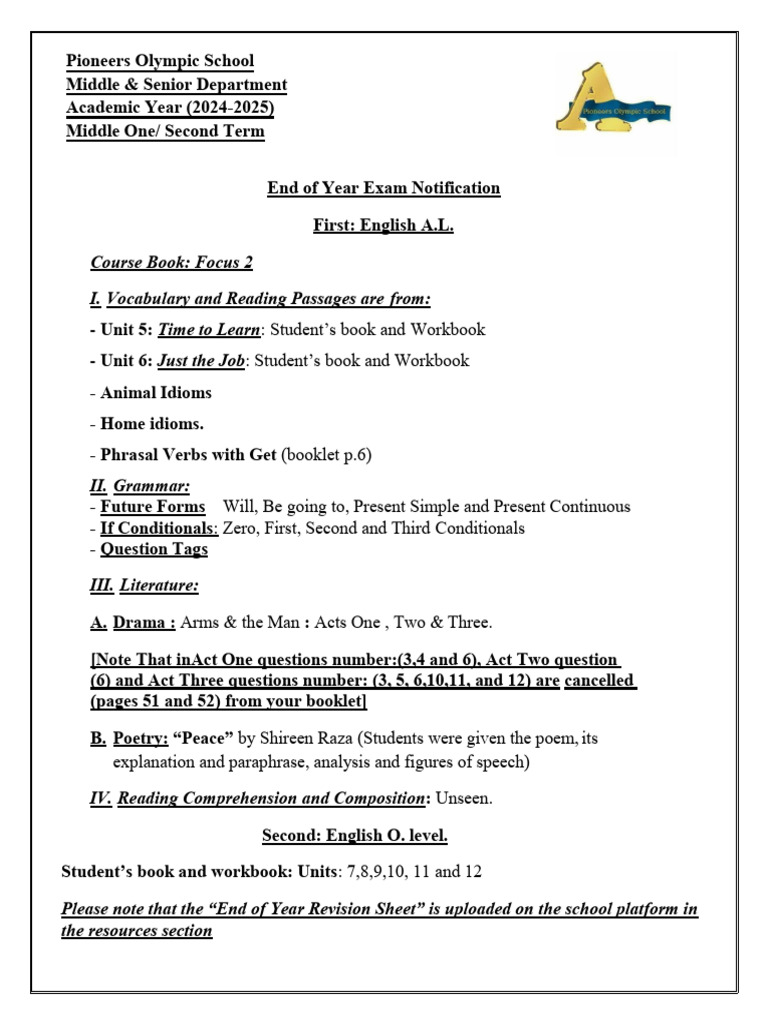 Middle One End - of - Year - Revision - Sheet - 2024 | PDF