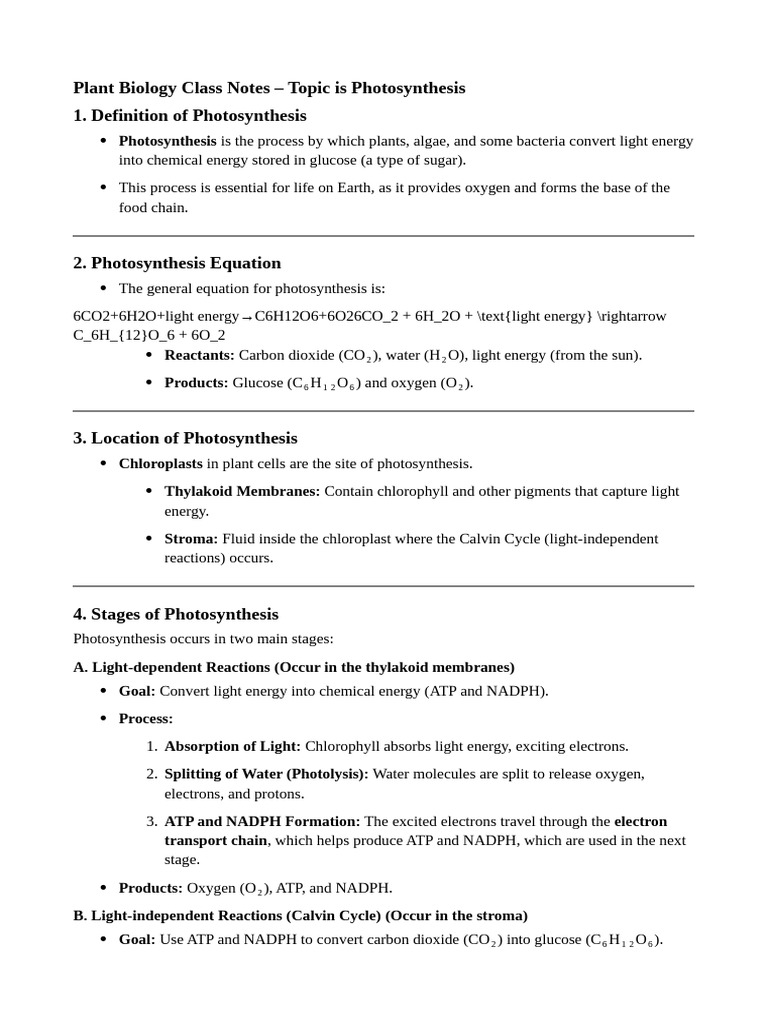 Plant Biology Class Notes - Topic Is Photosynthesis | PDF ...