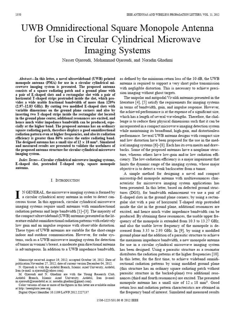 2012 UWB Omnidirectional Square Monopole Antenna For Use in Crcular Cylindrical Microwave ...
