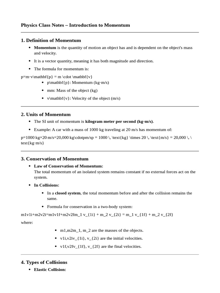 Physics Class Notes - Introduction To Momentum | PDF | Momentum | Collision