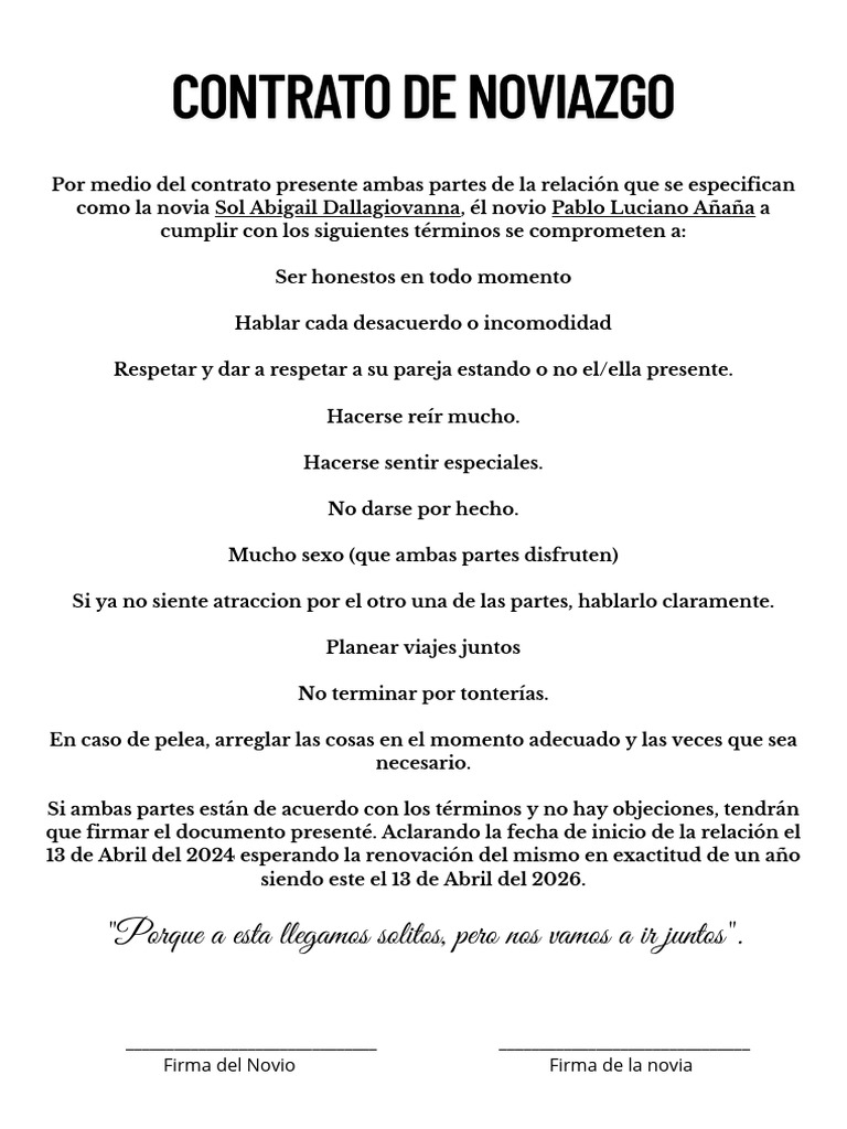 Contrato de Noviazgo Por Medio Del Contrato Presente Ambas Partes de La ...