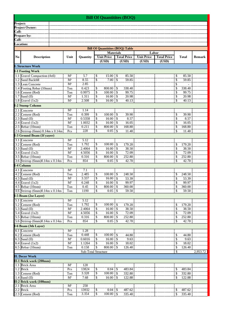 Bill of Quantity Calculation Sheet | PDF | Concrete | Building Technology
