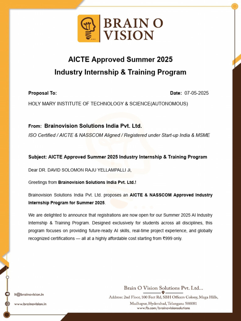 AICTE APPROVED SUMMER INTERNSHIP PROPOSAL | PDF | Artificial ...