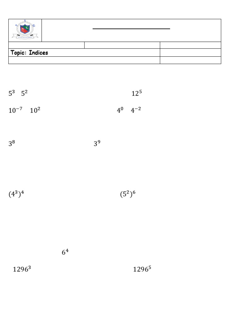 Mathematics Worksheet on Indices | PDF