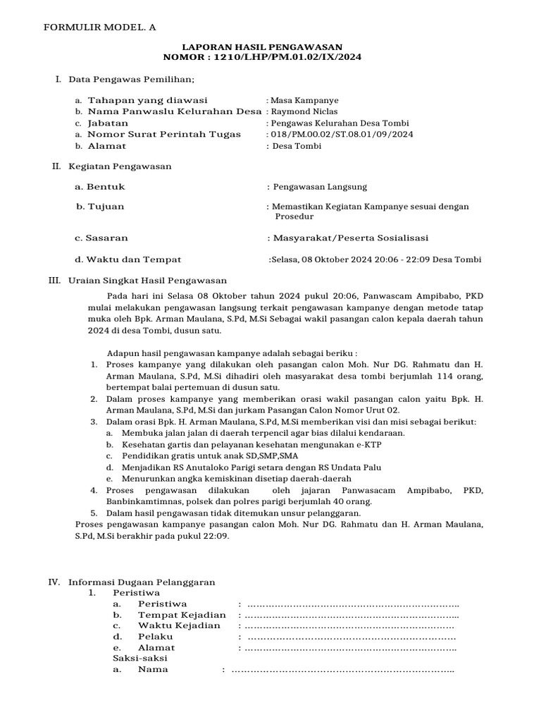 Form A Kampanye Desa Tombi 08-10-24 | PDF