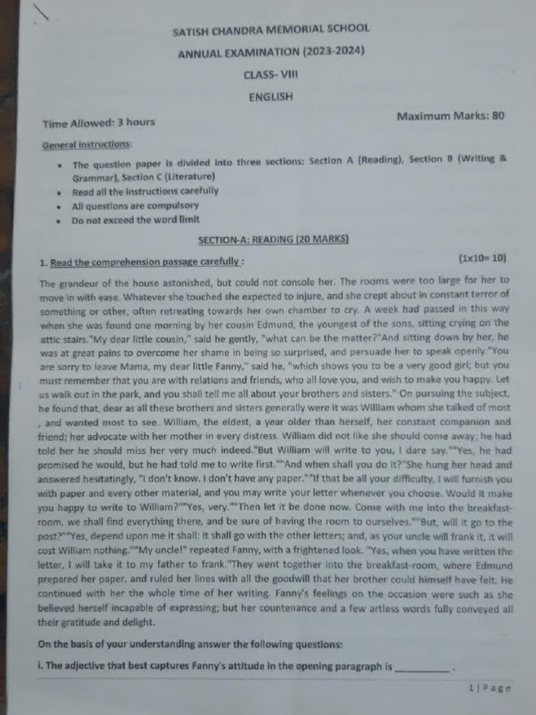 English Question Paper Class 8 | PDF