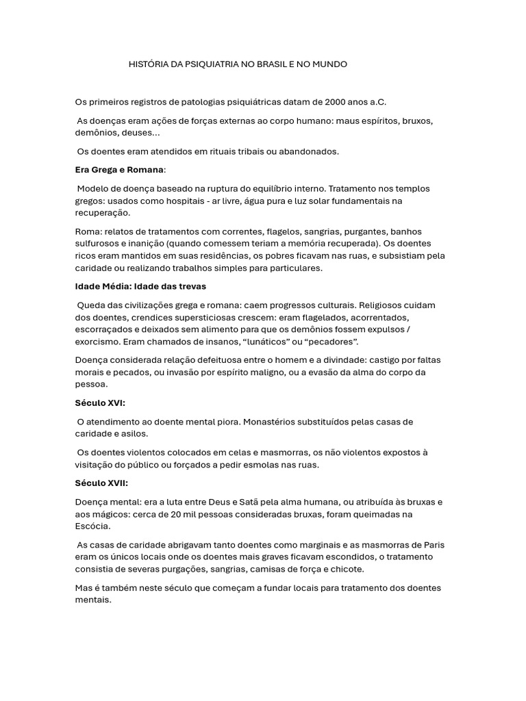 Hist Ria Da Psiquiatria No Brasil e No Mundo | PDF | Psiquiatria | Hospital psiquiátrico