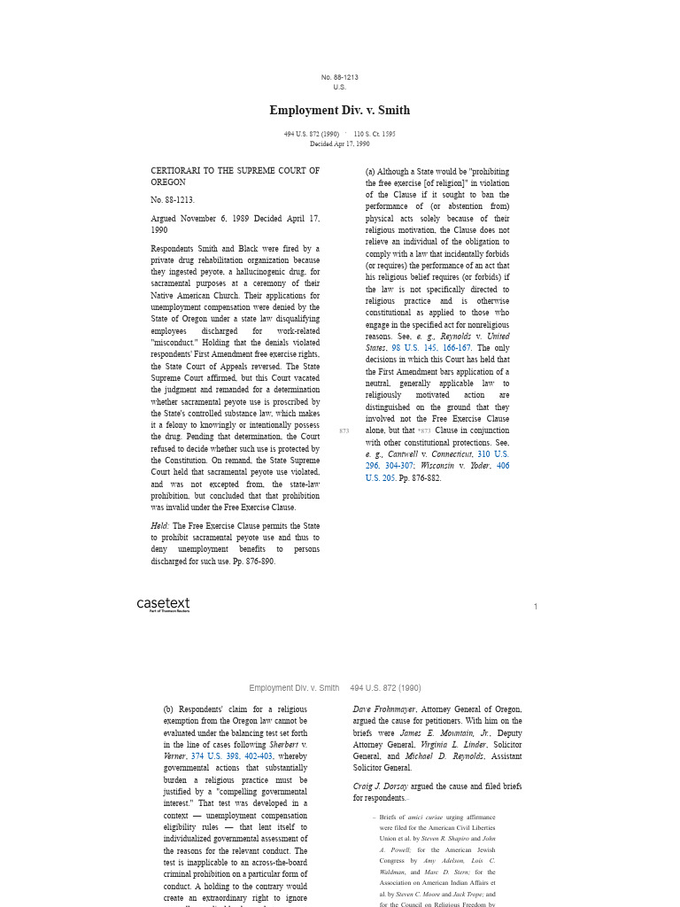 Employment Div. v. Smith (1990) | PDF | Free Exercise Clause | First ...