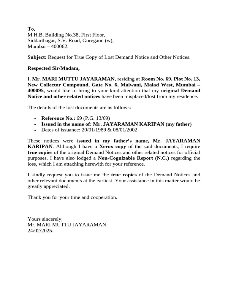 Request for Lost Demand Notices | PDF