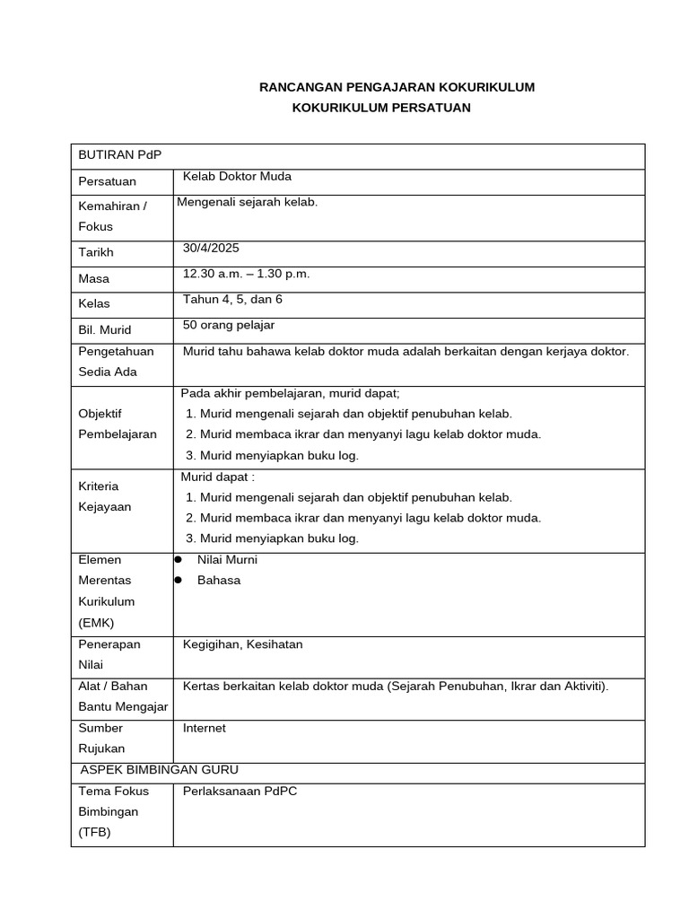 RPH Kokurikulum Minggu10 Doktor Muda | PDF
