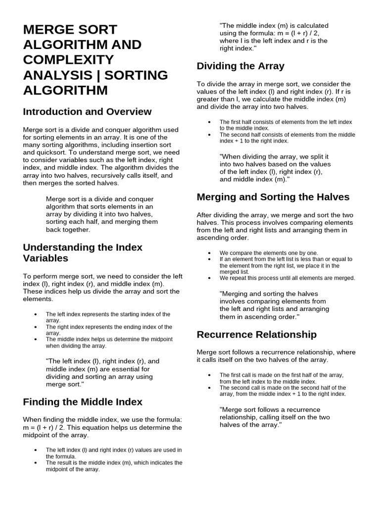 Merge Sort Algorithm And Complexity Analysis Pdf Time Complexity Recurrence Relation