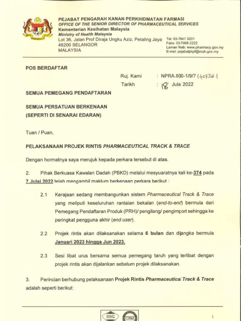 Pelaksanaan Projek Rintis Pharmaceutical Track Trace | PDF