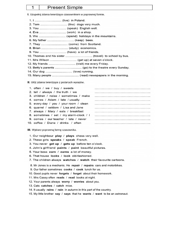 Present Simple - praca domowa | PDF