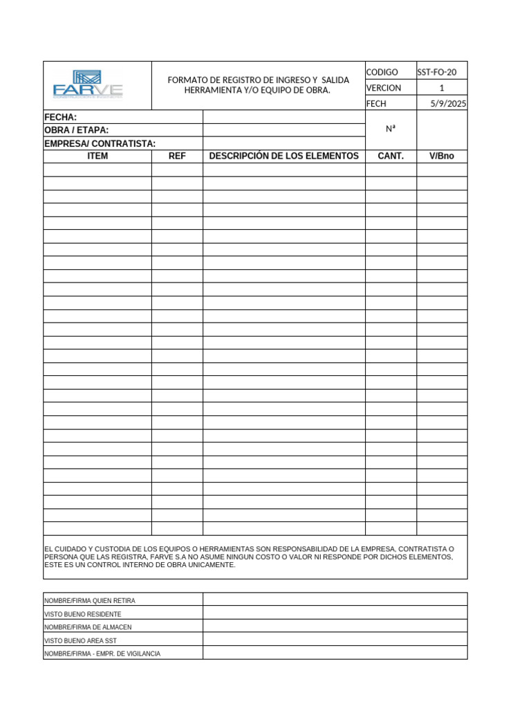 Sst-For-20 Salida e Ingreso de Herramienta | PDF