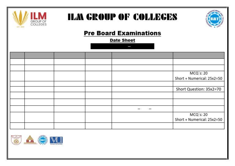 Pre Board Date Sheet Part I | PDF