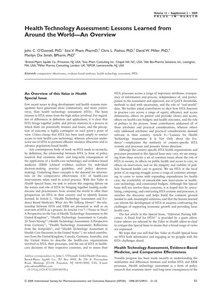 Health Technology Assessment - Lessons Learned From Around The World - An Overview - ODonell Et ...