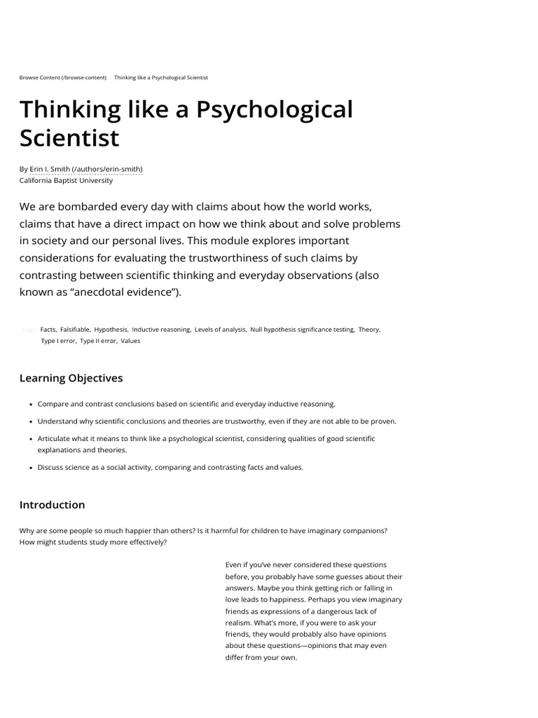 Thinking Like A Psychological Scientist - Noba | PDF | Hypothesis | Falsifiability