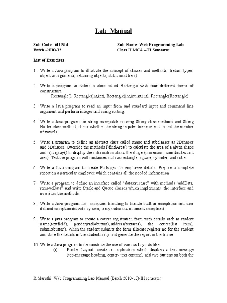 Lab Manual Web Programming Pdf Method Computer Programming Java Programming Language