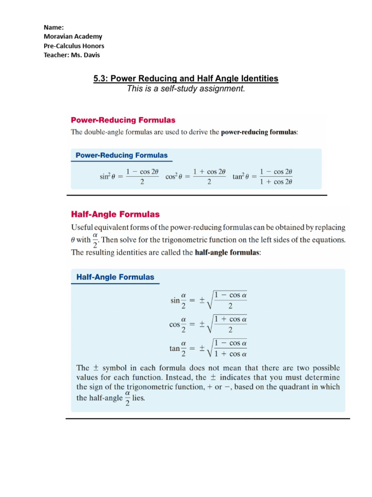 Pre Calculus Honors Power Reducing and Half Angle Identities | PDF