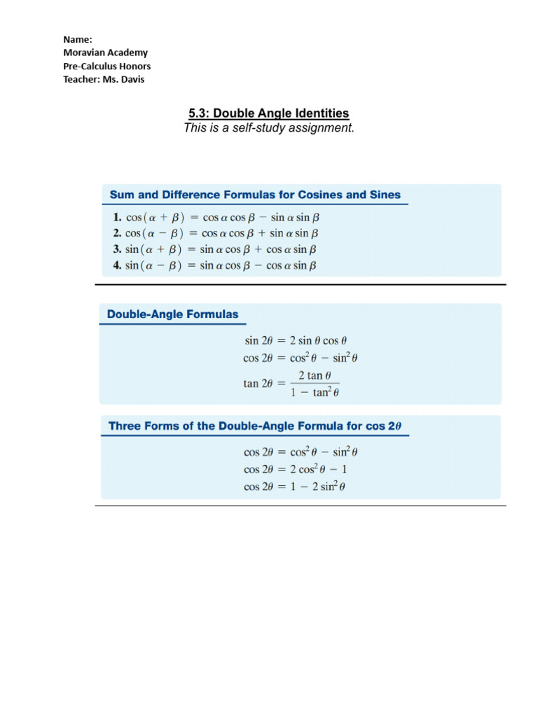 Pre Calculus Honors Double Angle Identities | PDF