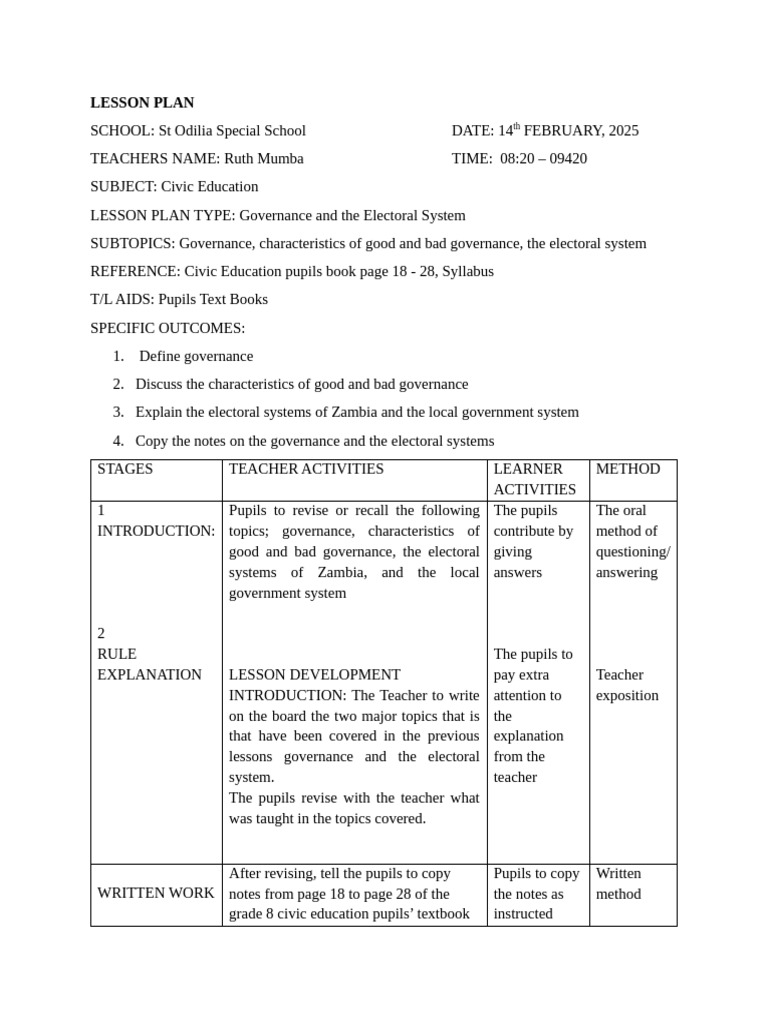 Civic Education Lesson Plan 14TH | PDF | Teachers | Lesson Plan