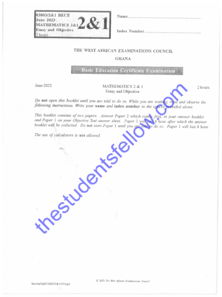 BECE Core Mathematics Past Question 2023 | PDF