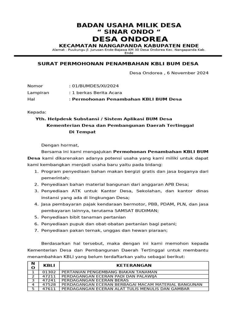 Permohonan Ganti KBLI BUMDESA SINAR ONDO | PDF