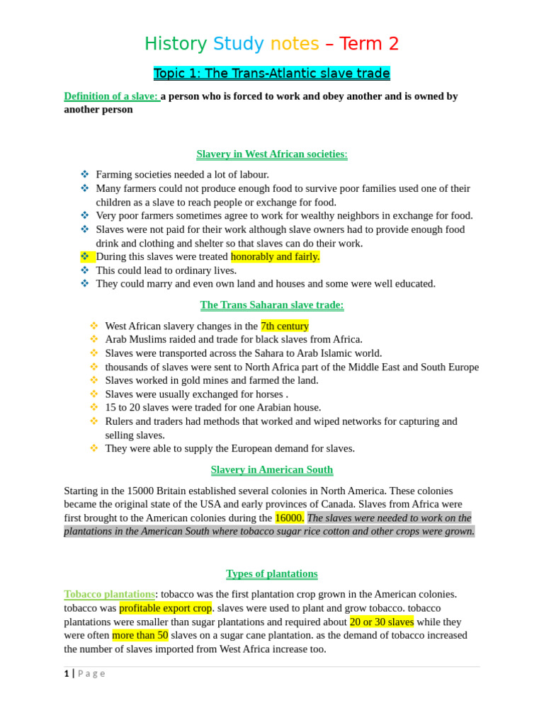 History Notes Grade 7 Term 2 | PDF | Slavery | Atlantic Slave Trade