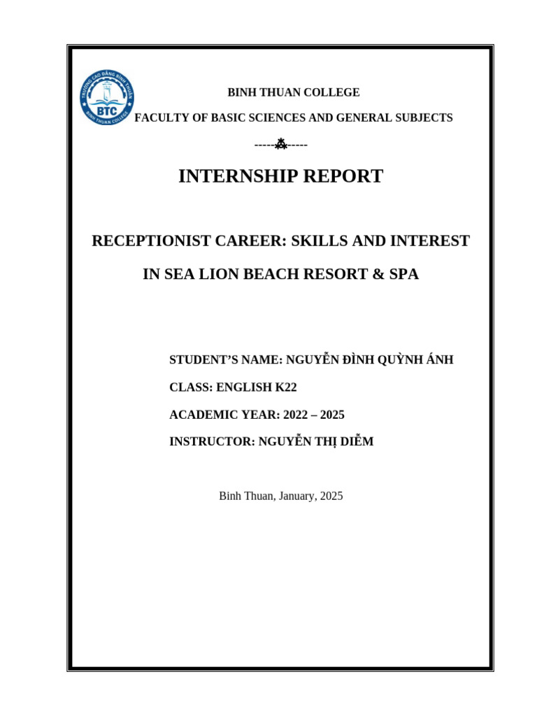 Receptionist Internship at Sea Lion Resort | PDF | Tourism | Knowledge