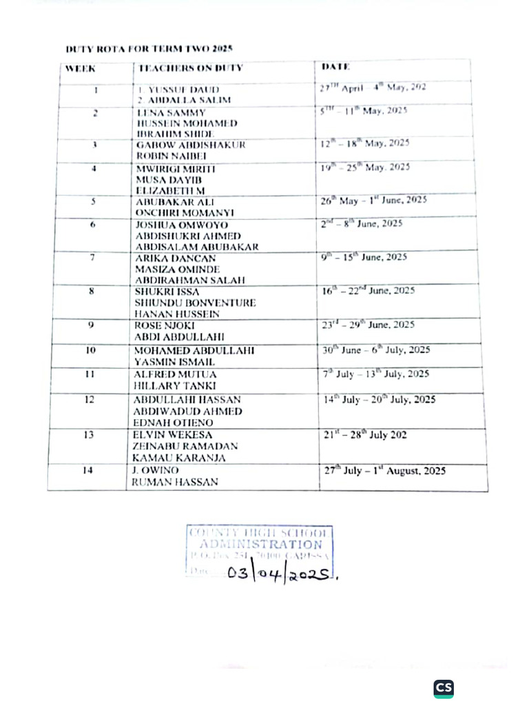 CHS Duty Rota For Term Two 2025 | PDF