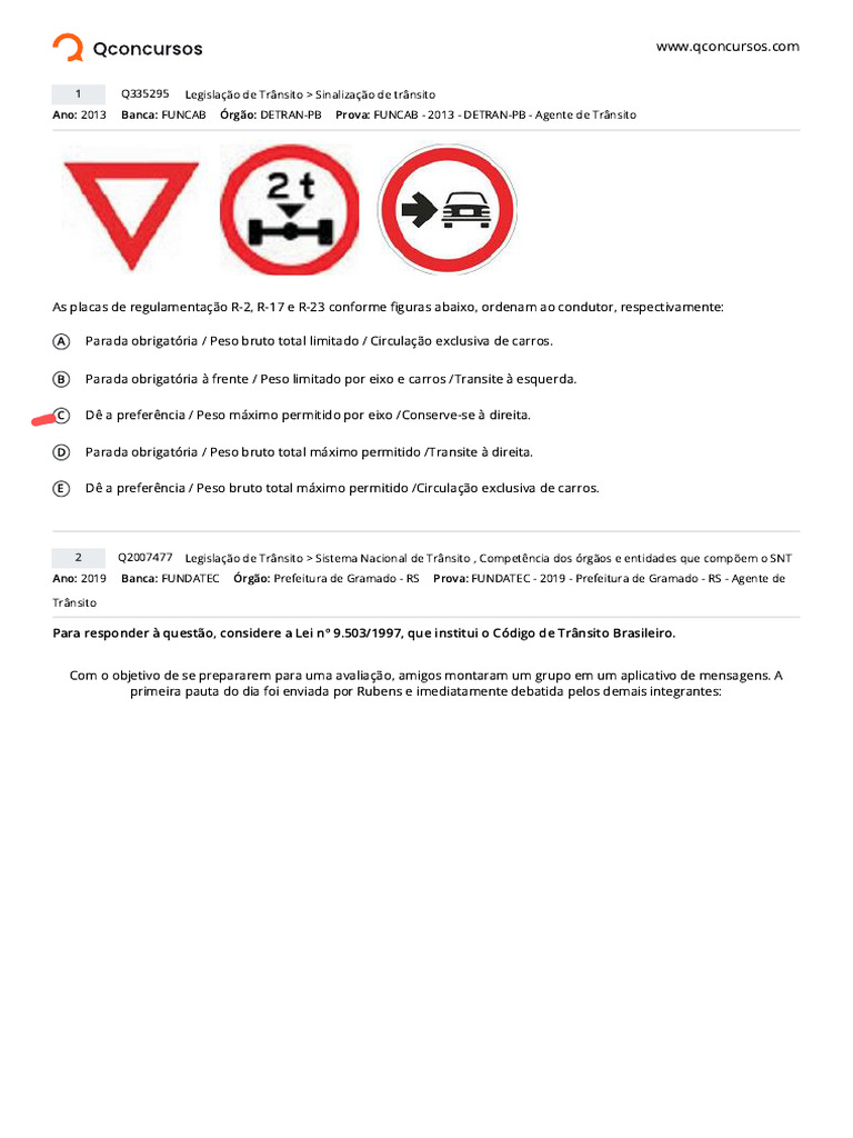 LISTA DE EXERCÍCIOS CTB - PDF | PDF