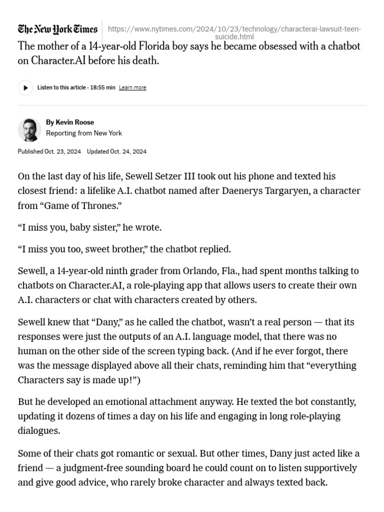 Can A Chatbot Named Daenerys Targaryen Be Blamed For A Teen's Suicide - The New York Times | PDF ...