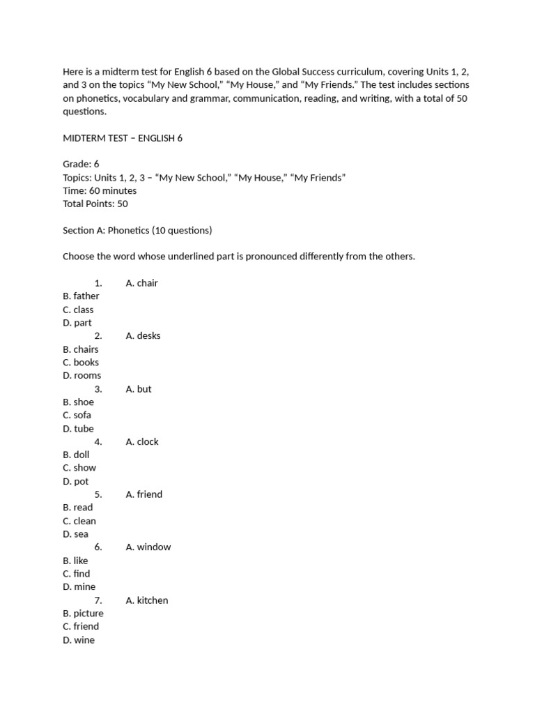 English 6 Midterm Test: Units 1-3 | PDF | English Language | Reading ...