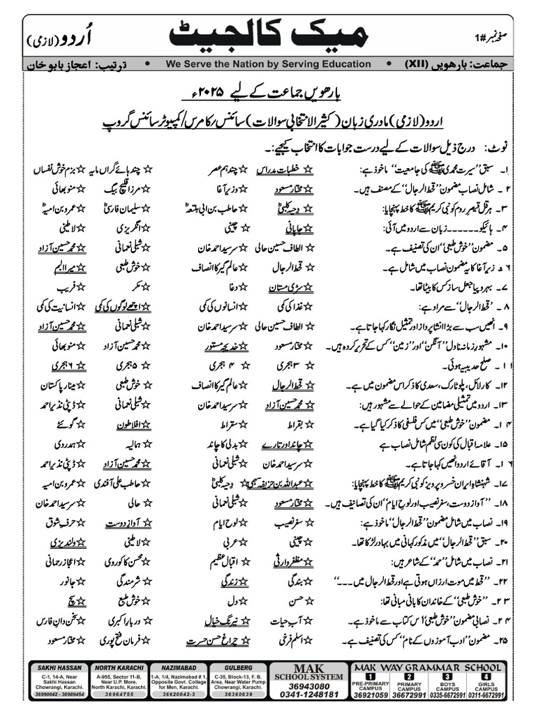 Xii Urdu 100 MCqs Paper With Answers by Ajaz Babu - 250512 - 202930 | PDF