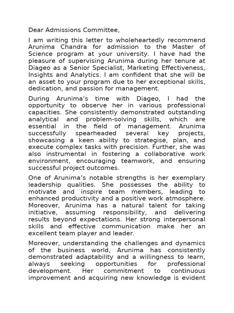 Letter of Recommendation For Arunima | PDF