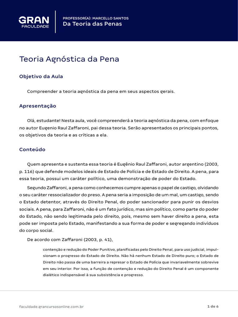 Teoria Agnóstica da Pena de Zaffaroni | PDF | Estado | Direito Penal