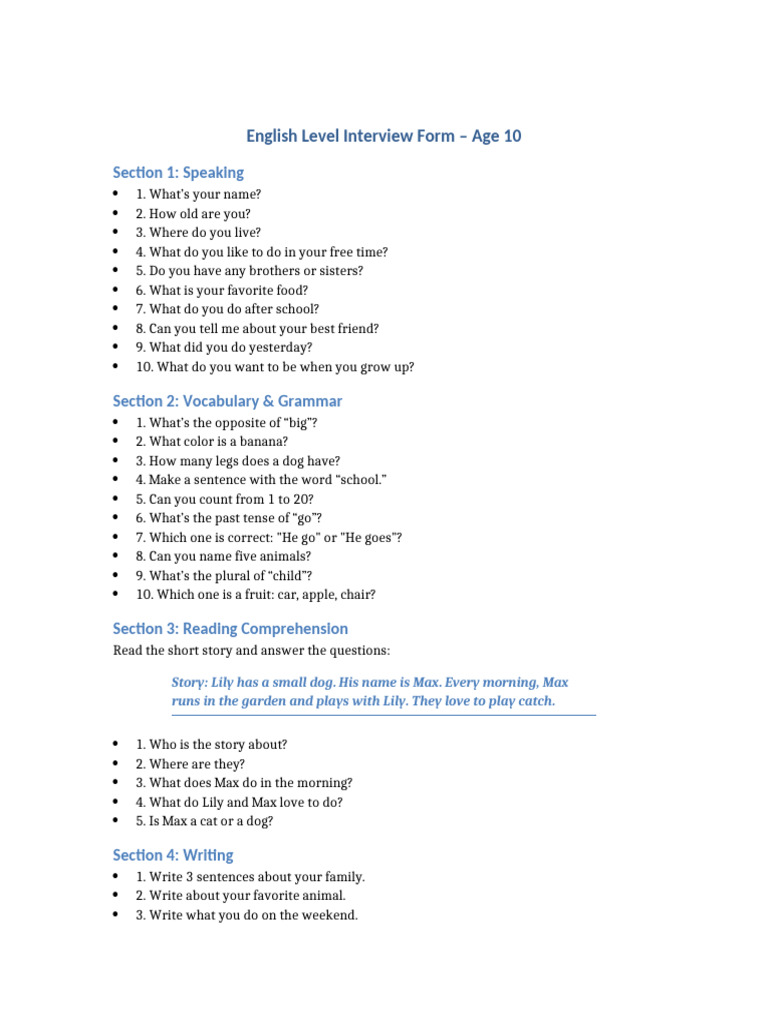 English Level Interview Age10 | PDF