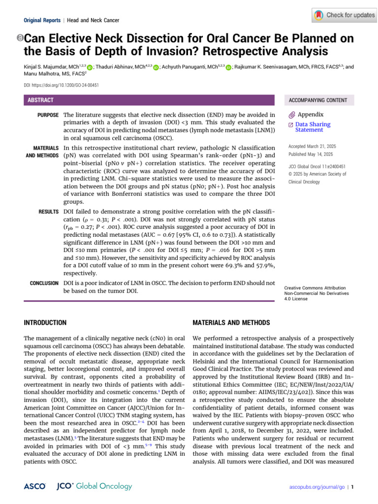 Majumdar Et Al 2025 Can Elective Neck Dissection For Oral Cancer Be ...
