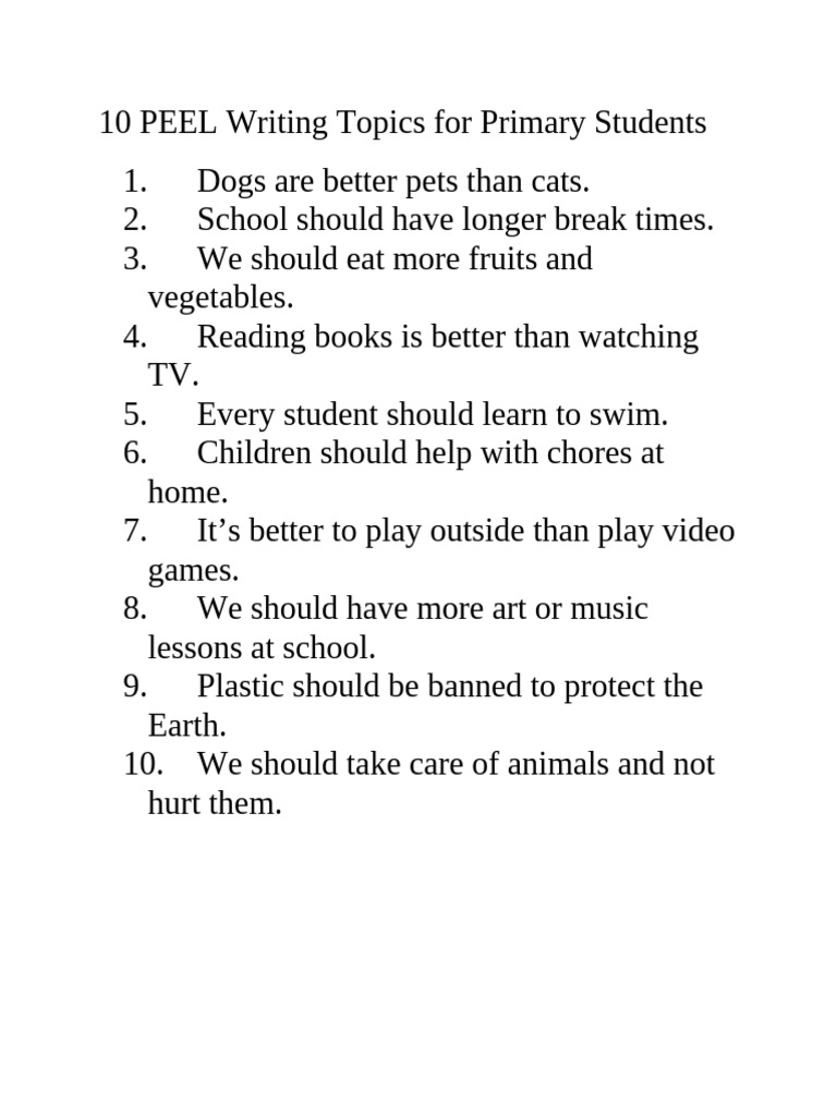 10 PEEL Writing Topics For Primary Students | PDF